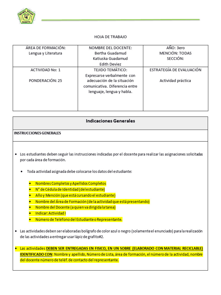 Hojas de Trabajo (1) de 3er Año de Lenguaje | PDF | Comunicación | Habla