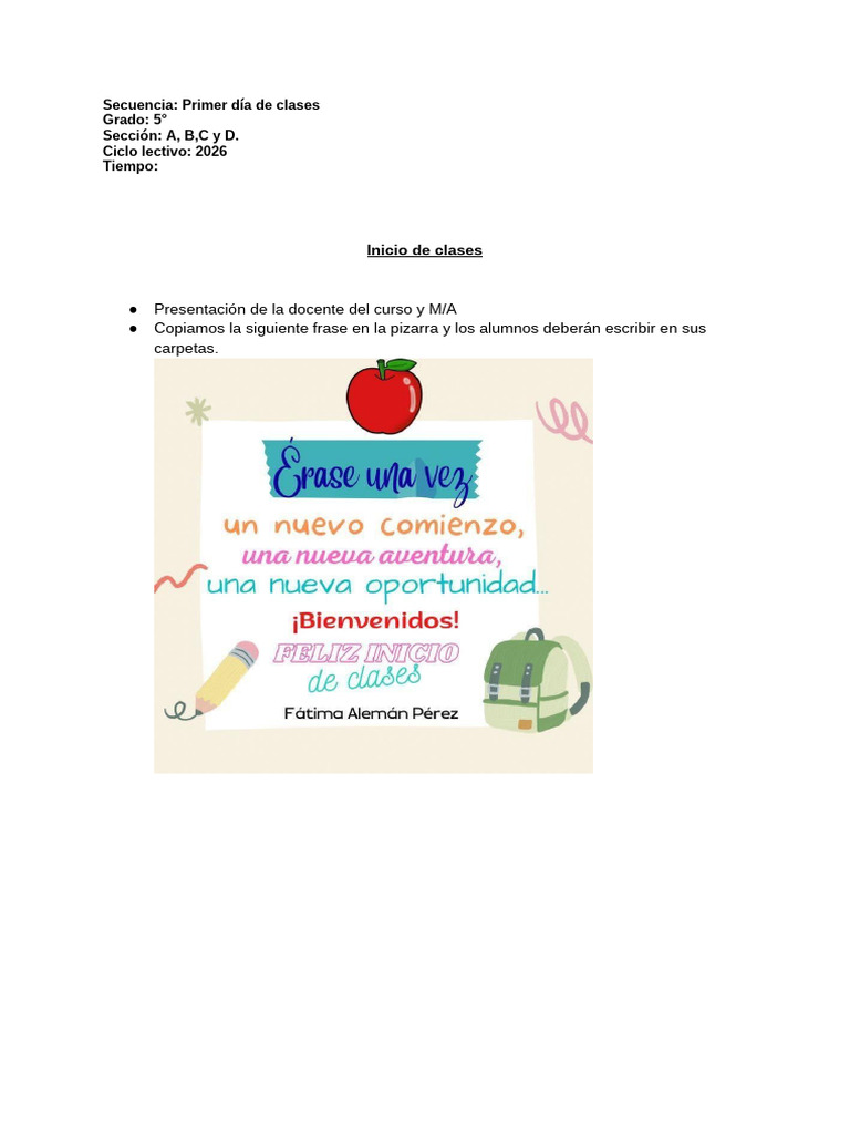 Primer Día de Clases - 2026 | PDF