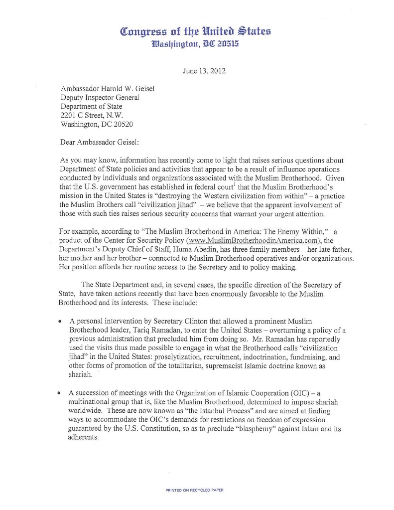 Michele Bachmann Letter To State Department Inspector General | PDF