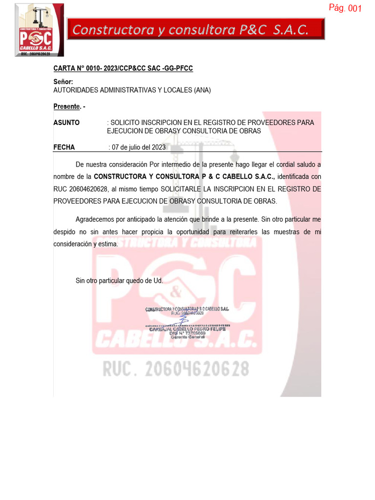 CARTA N° 0010- 2023CCP&CC SAC-GG-PFCC | PDF | Represa | Agua