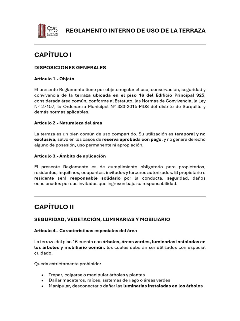 Reglamento Interno de Uso de La Terraza | PDF | ruido | Regulación