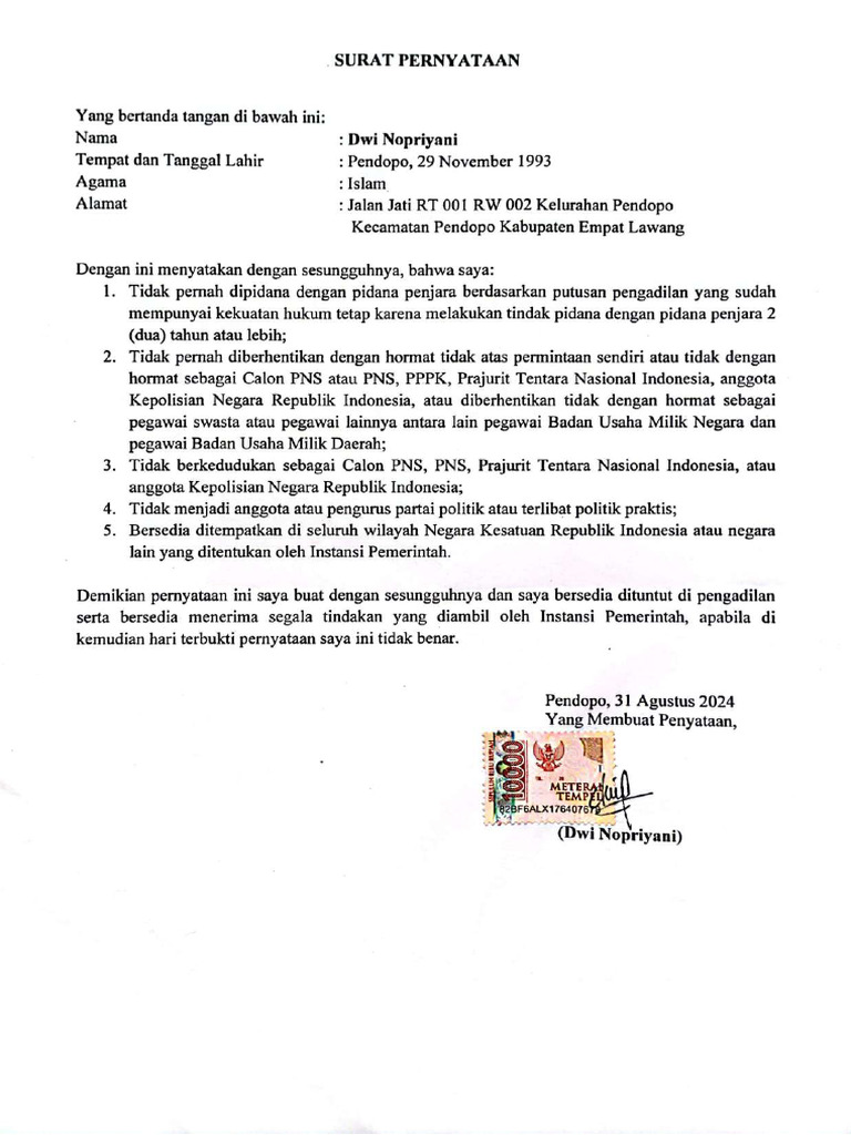 Surat Pernyataan 5 Poinn | PDF
