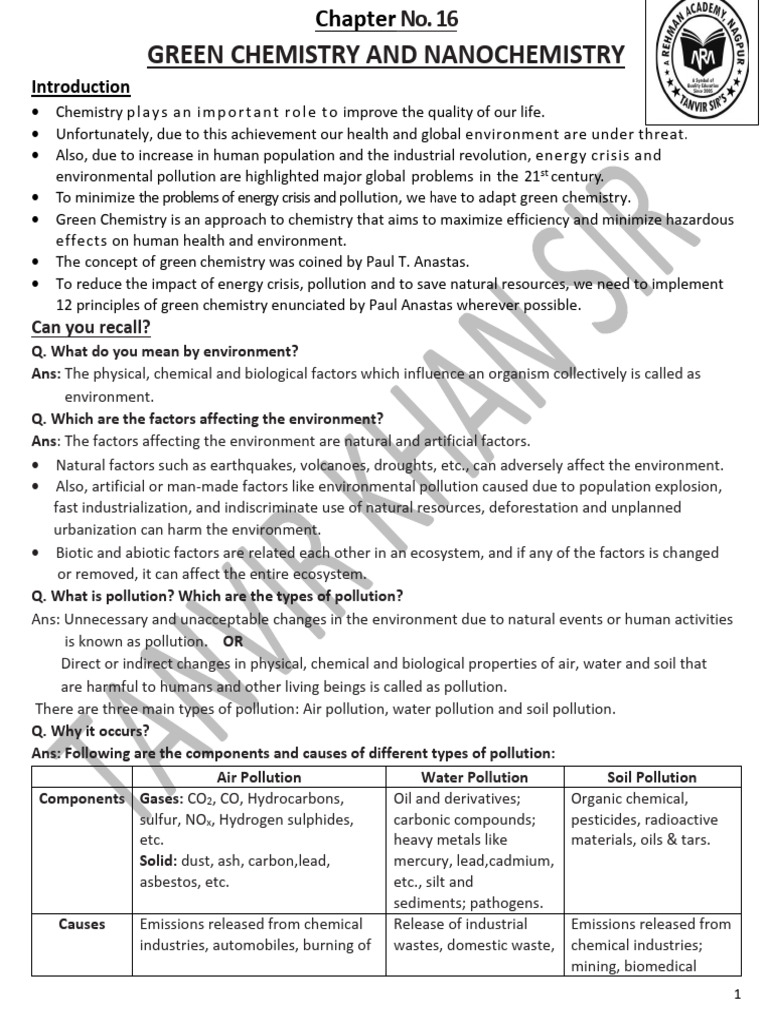 Chem Chapt. 16 Green Chemistry & NanoChemistry Final | PDF
