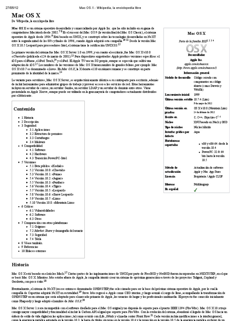 Mac OS X - Wikipedia, La Enciclopedia Libre | PDF | Mac OS | Mac Os X ...