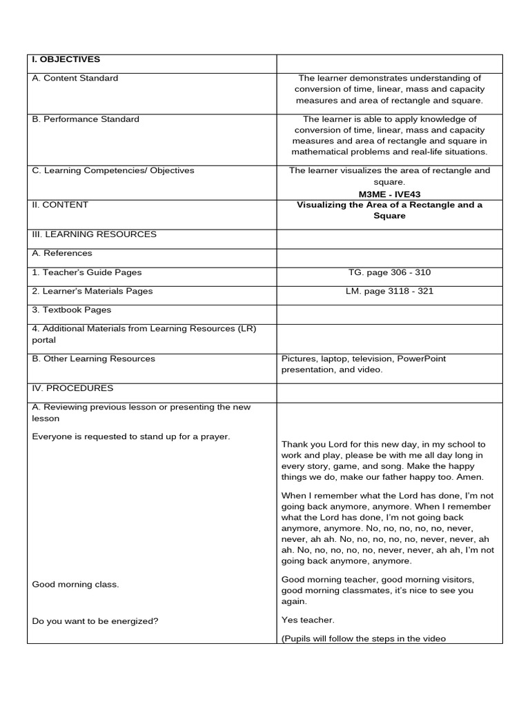 Detailed Lesson Plan For Final Demo Edited by CT | PDF | Area | Length