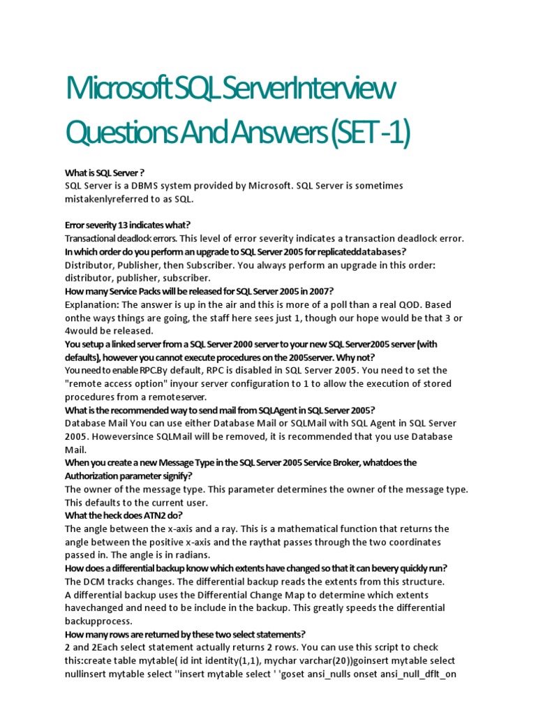 Microsoft SQL ServerInterview Questions and Answers | Download Free PDF | Microsoft Sql Server ...