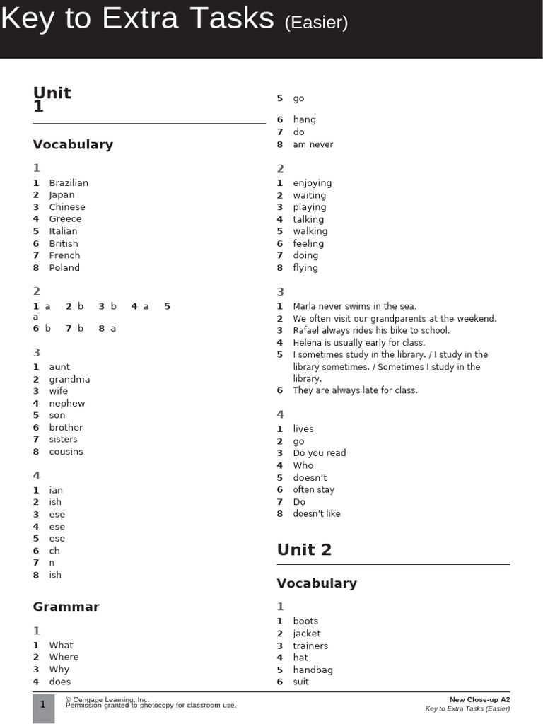 A2 Extra Tasks Easier Answer Key | PDF