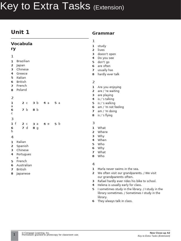 A2 Extra Tasks Extension Answer Key | PDF
