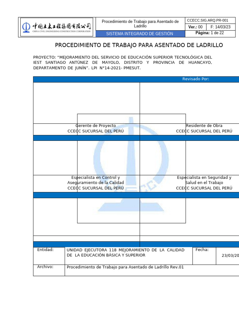 CCECC.SIG.ARQ.PR.001- Procedimiento asentado ladrillo REV.01 | PDF ...