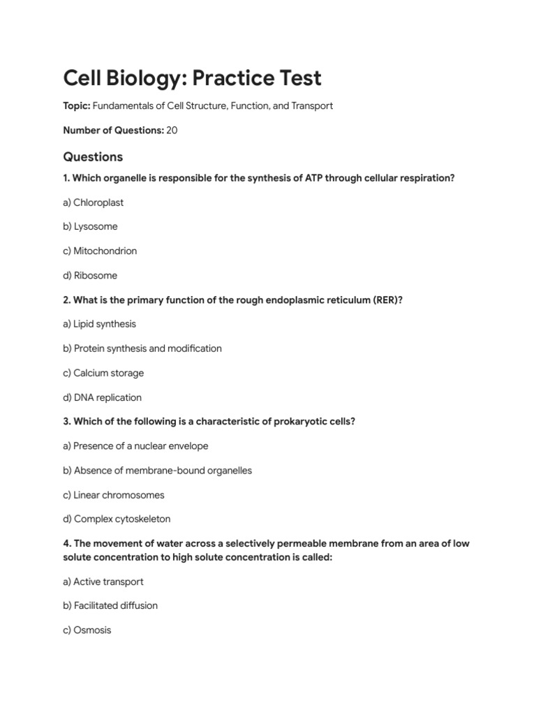 Cell Biology Practice Test | PDF | Cell (Biology) | Biological Membrane