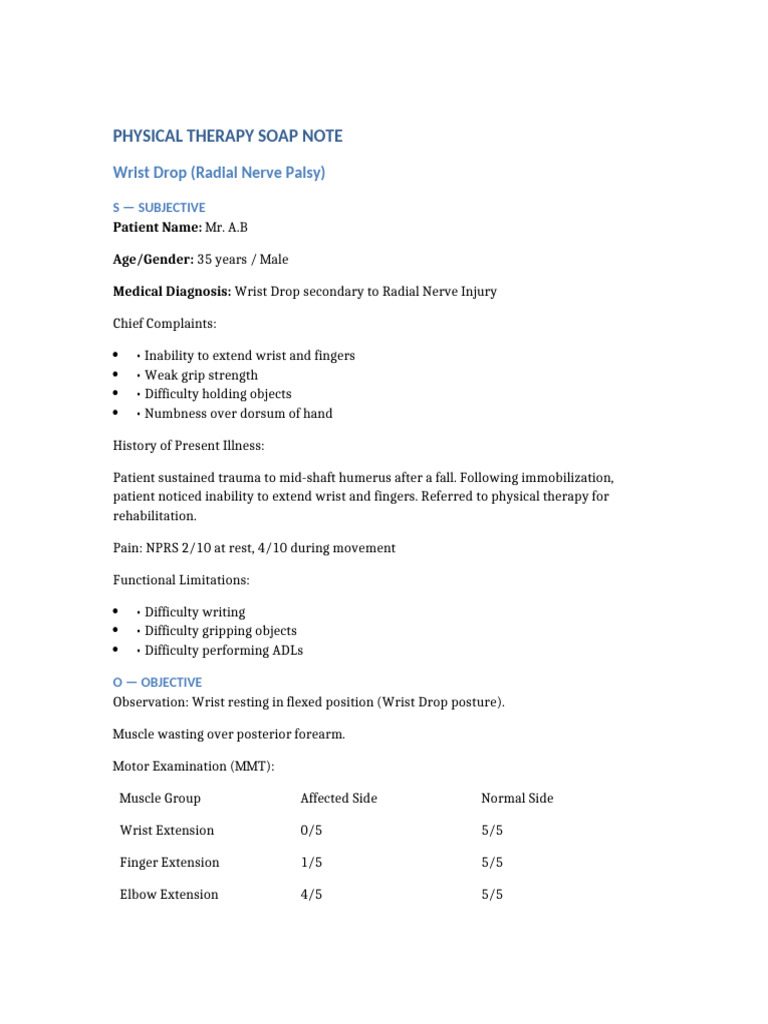Wrist Drop SOAP Note Physical Therapy | PDF