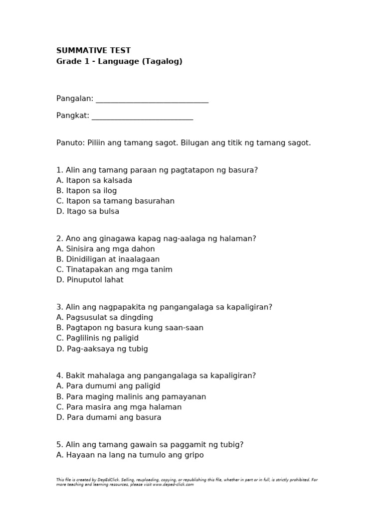 Language Grade1 Summative Test Tagalog | PDF