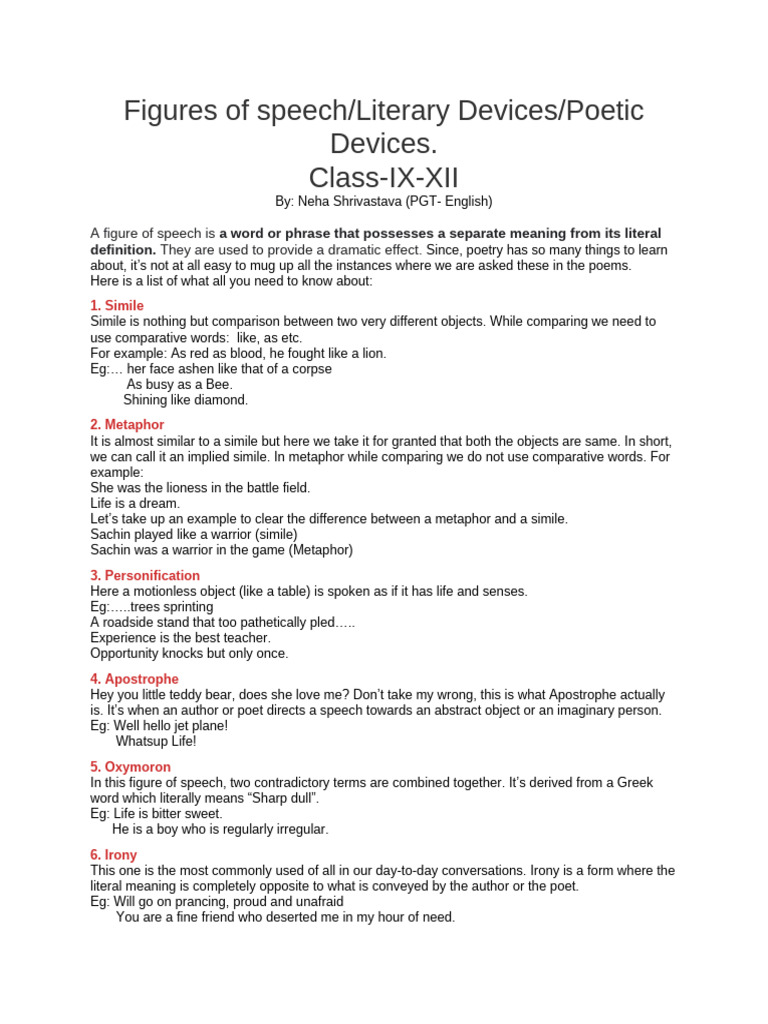 Poetic Devices Class 9-12 | PDF | Poetry | Metaphor