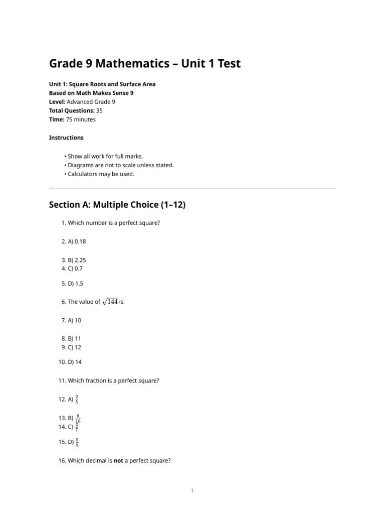 Grade 9 Mathematics - Unit 1 Test (Square Roots & Surface Area) | PDF ...