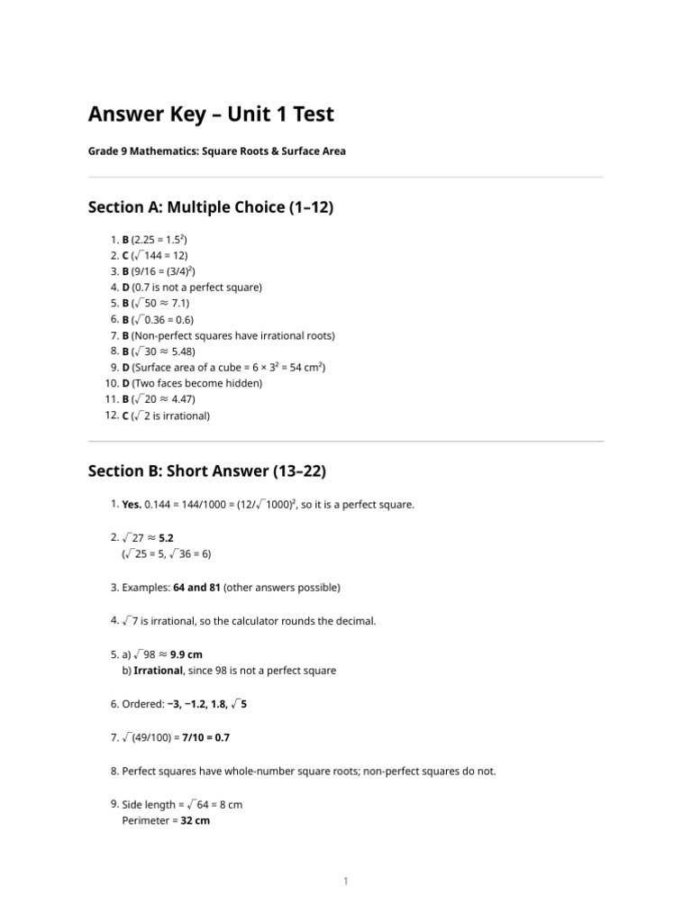 Grade 9 Mathematics - Unit 1 Answer Key (Square Roots & Surface Area) | PDF
