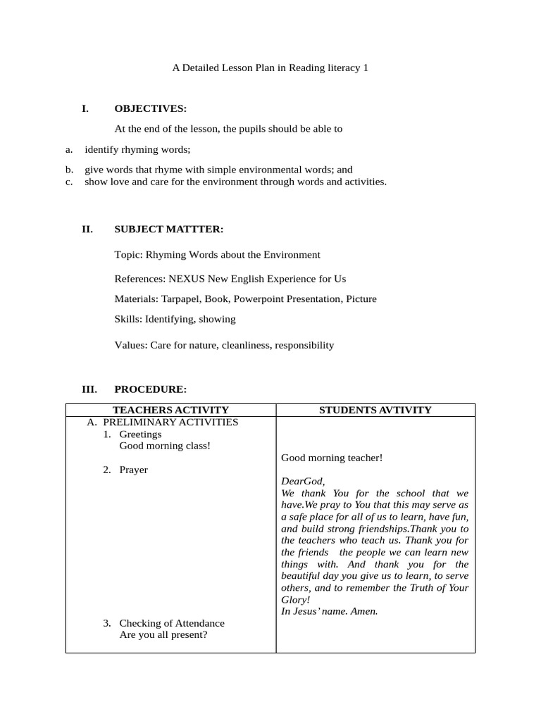 A Detailed Lesson Plan in Reading Literacy g1 | PDF | Learning | Human ...