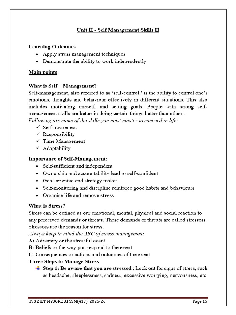 Unit 2 Self-Management Skills-II | PDF | Stress Management | Motivational