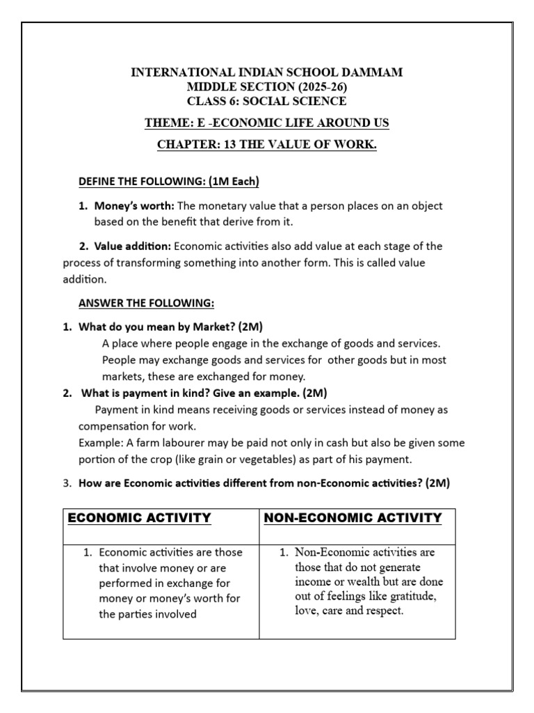 Grade 6 CH - 13 Value of Work (Notes) New New-1 | PDF | Value ...