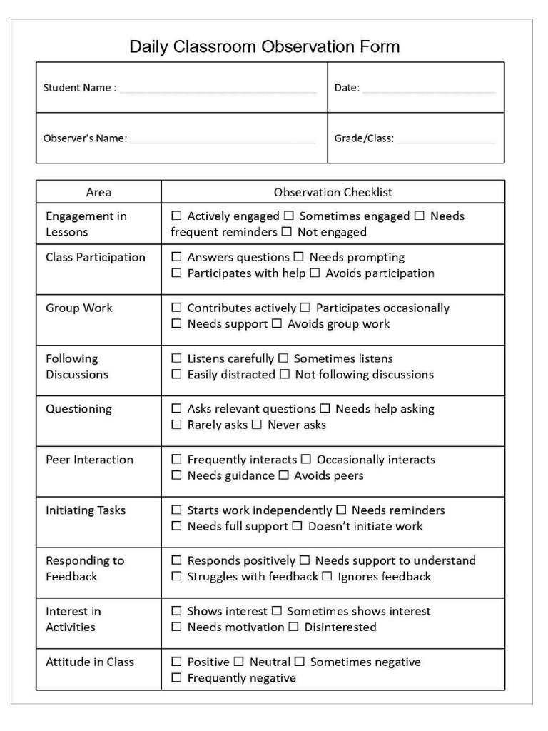 Classroom Observation Checklist | PDF