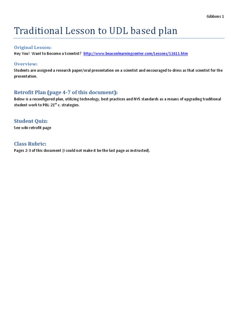 Traditional Lesson To UDL Based Plan: Retrofit Plan (Page 4-7 of This ...