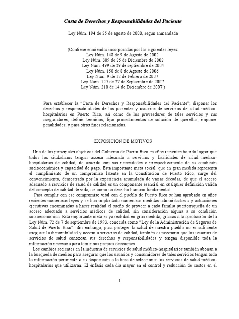 Ley 194 Carta De Derechos Y Responsabilidades Del Paciente - Descargar Pdf