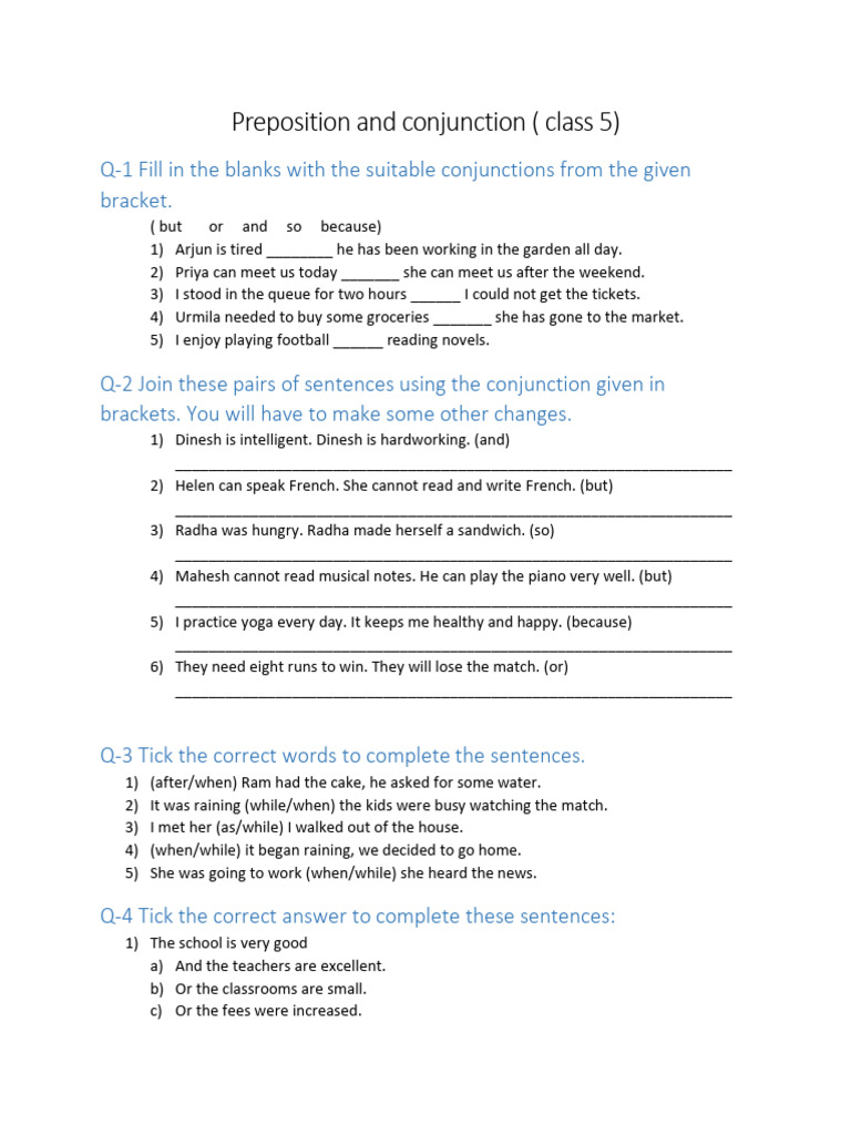 Class 5 Preposition and Conjunction | PDF