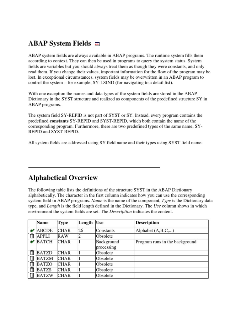 Abap Sys Fields | Download Free PDF | Subroutine | Parameter (Computer Programming)