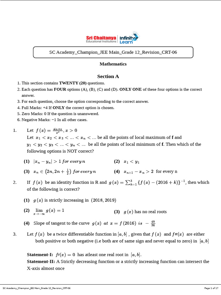 SC Academy Champion JEE Main Grade 12 Revision CRT-06 QP | PDF ...