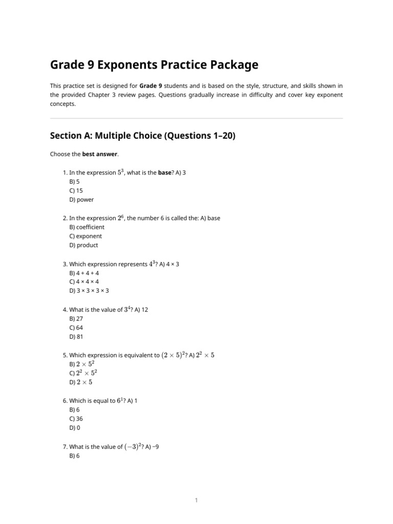 Grade 9 Exponents Practice Package | PDF | Exponentiation | Arithmetic