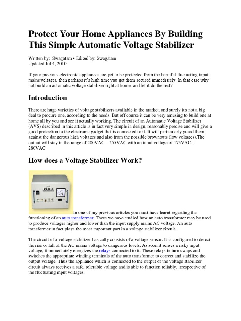 Voltage Stabilizer | PDF | Power Supply | Relay