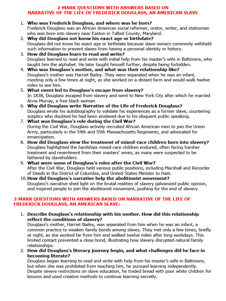 Frederick Douglass 2 and 3 Mark Question Answer | PDF | Frederick ...