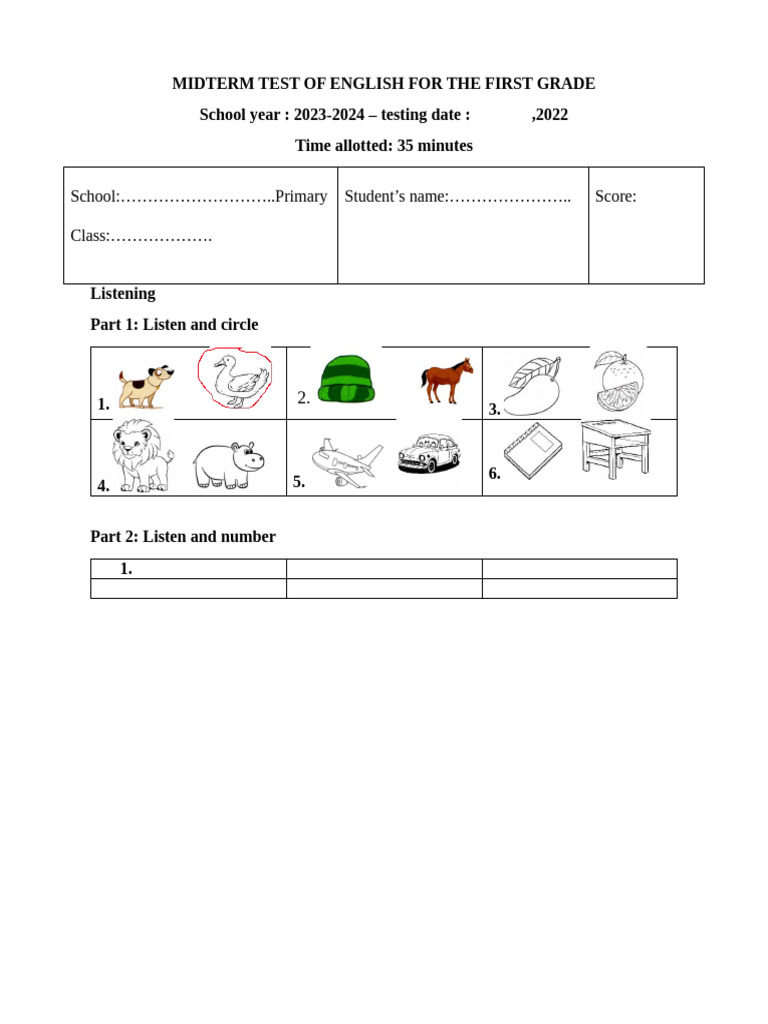 Midterm Test of English For The First Grade | PDF