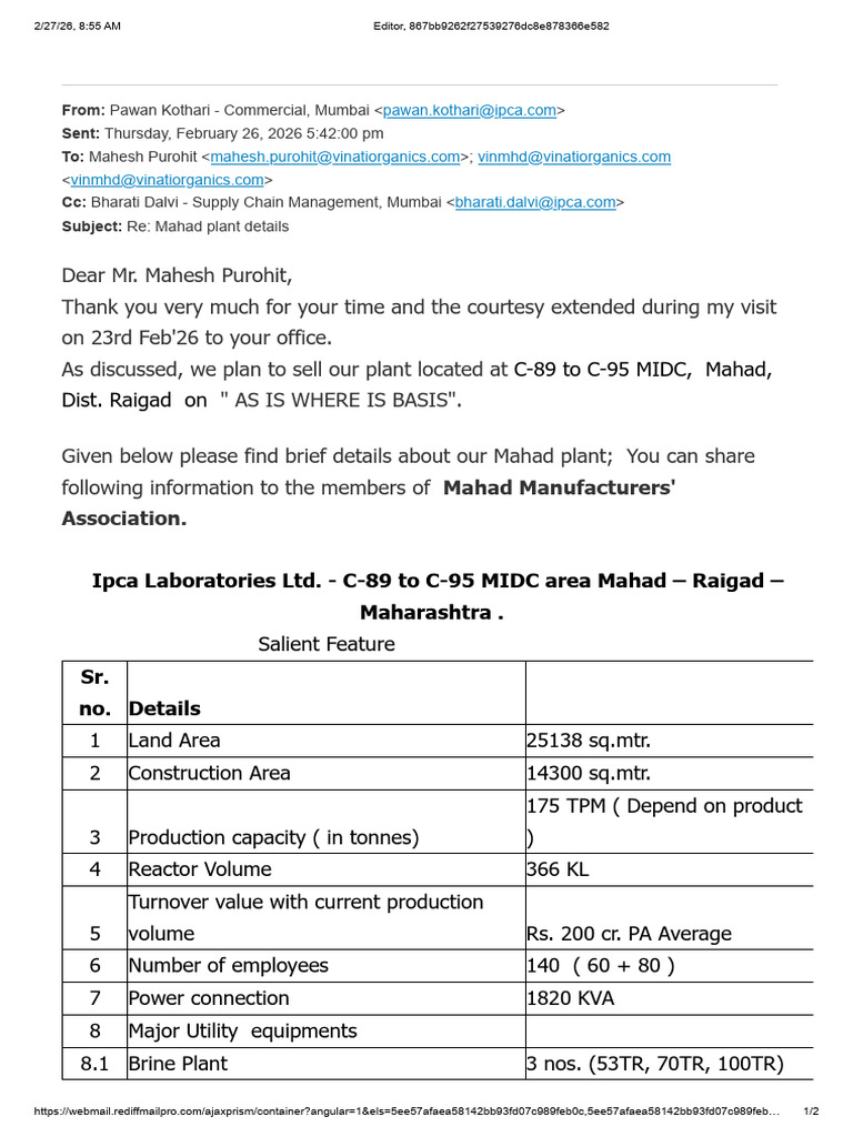 Ipca-Mahad For Sale | PDF | Chemical Process Engineering | Industrial ...