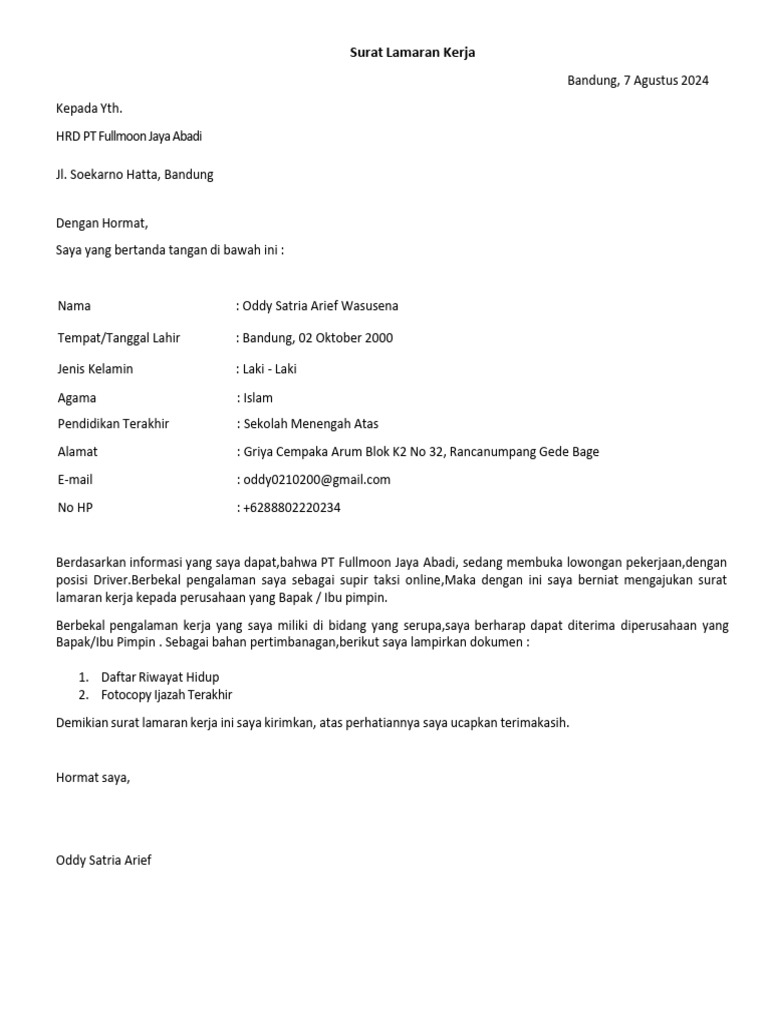 Surat Lamaran Kerja Oddy Driver | PDF