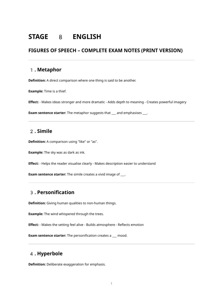 Stage 8 English - Figures of Speech (Print Notes) | PDF | Metaphor