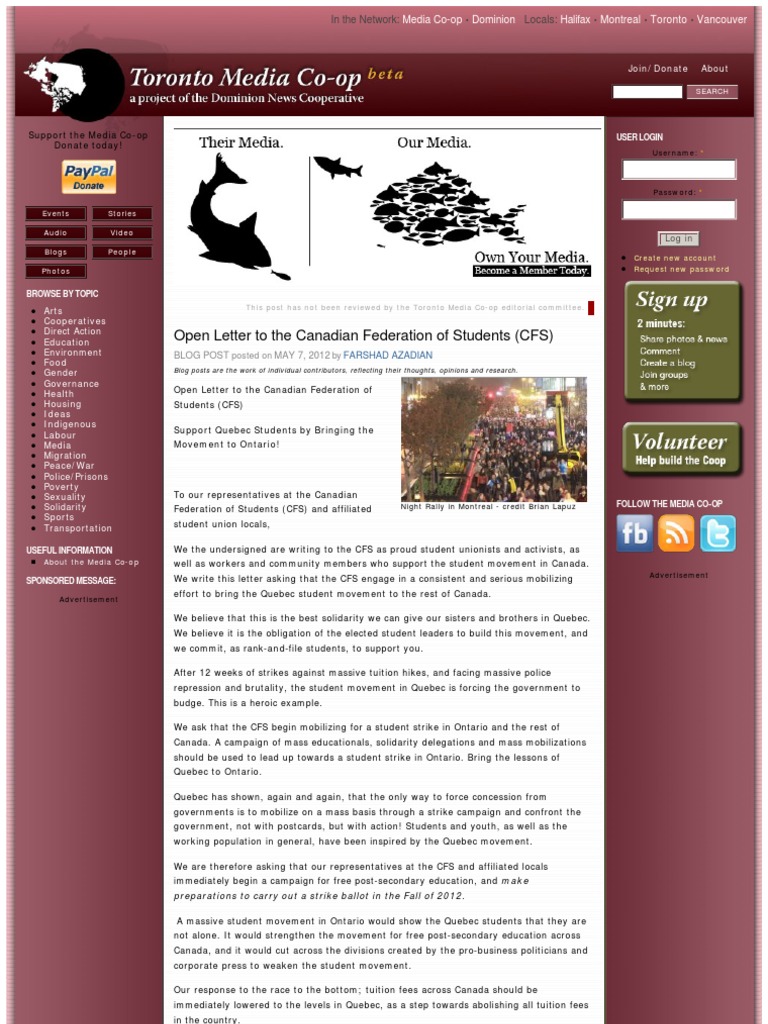 Open Letter To The Canadian Federation of Students (CFS) - Support ...
