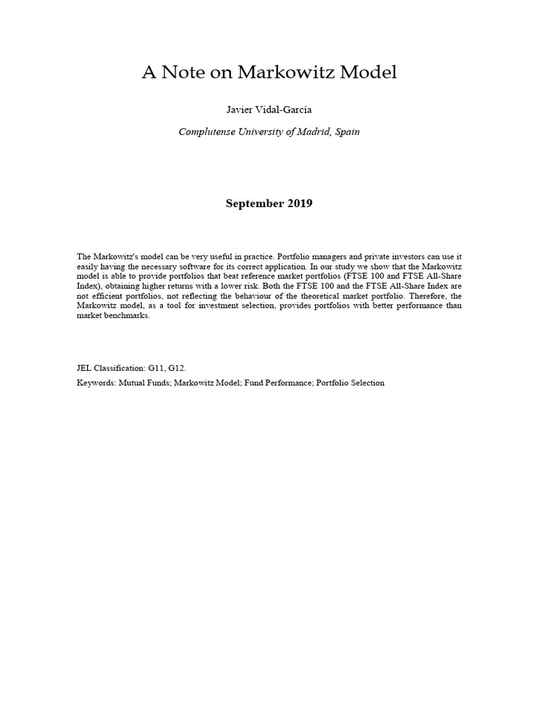 A Note On Markowitz Model | PDF | Financial Risk | Diversification ...
