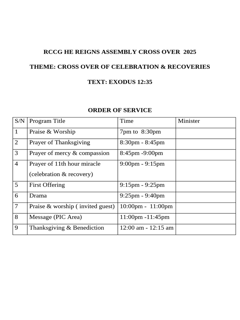 RCCG He Reigns Assembly Cross Over 2025 | PDF