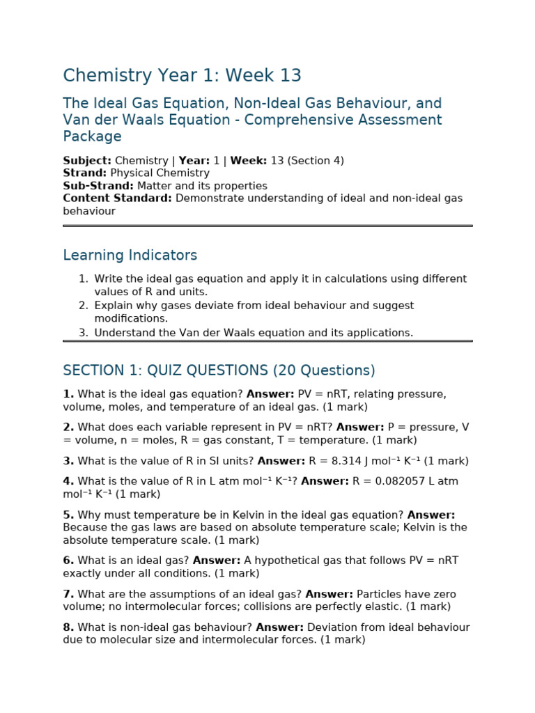 Chemistry Year 1 Week 13 Ideal Gas Equation Assessment | PDF | Gases ...