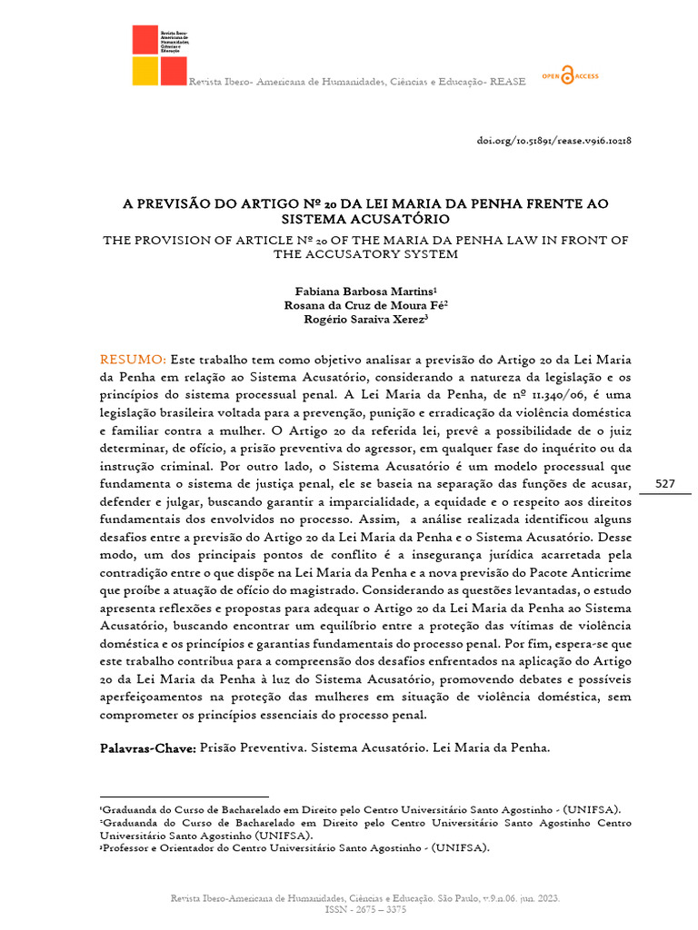 Resumo:: The Provision of Article #20 of The Maria Da Penha Law in ...