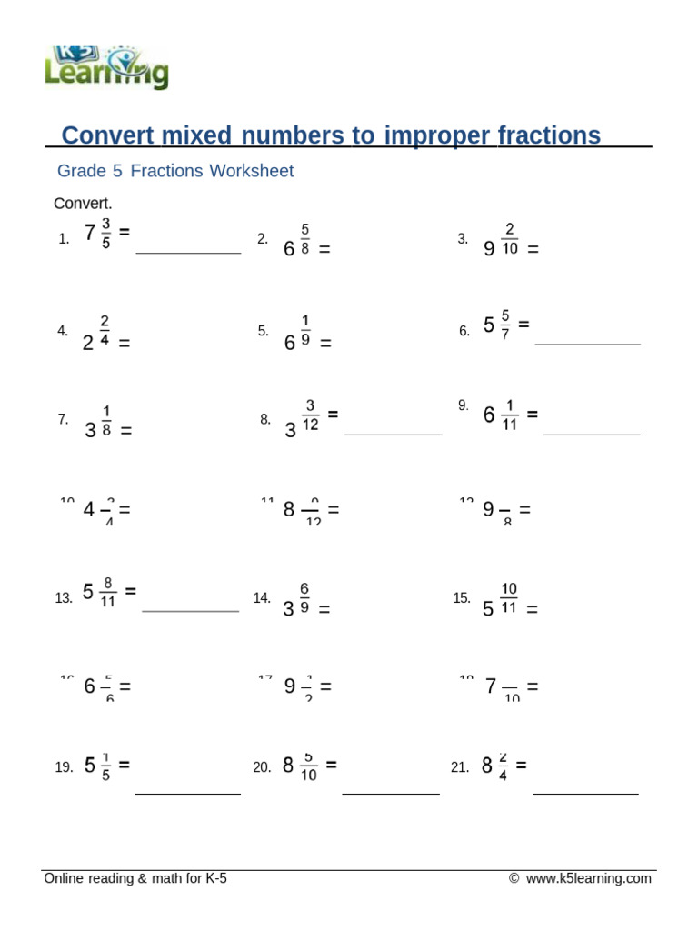 Grade 5 Mixed Numbers To Improper Fractions A | PDF