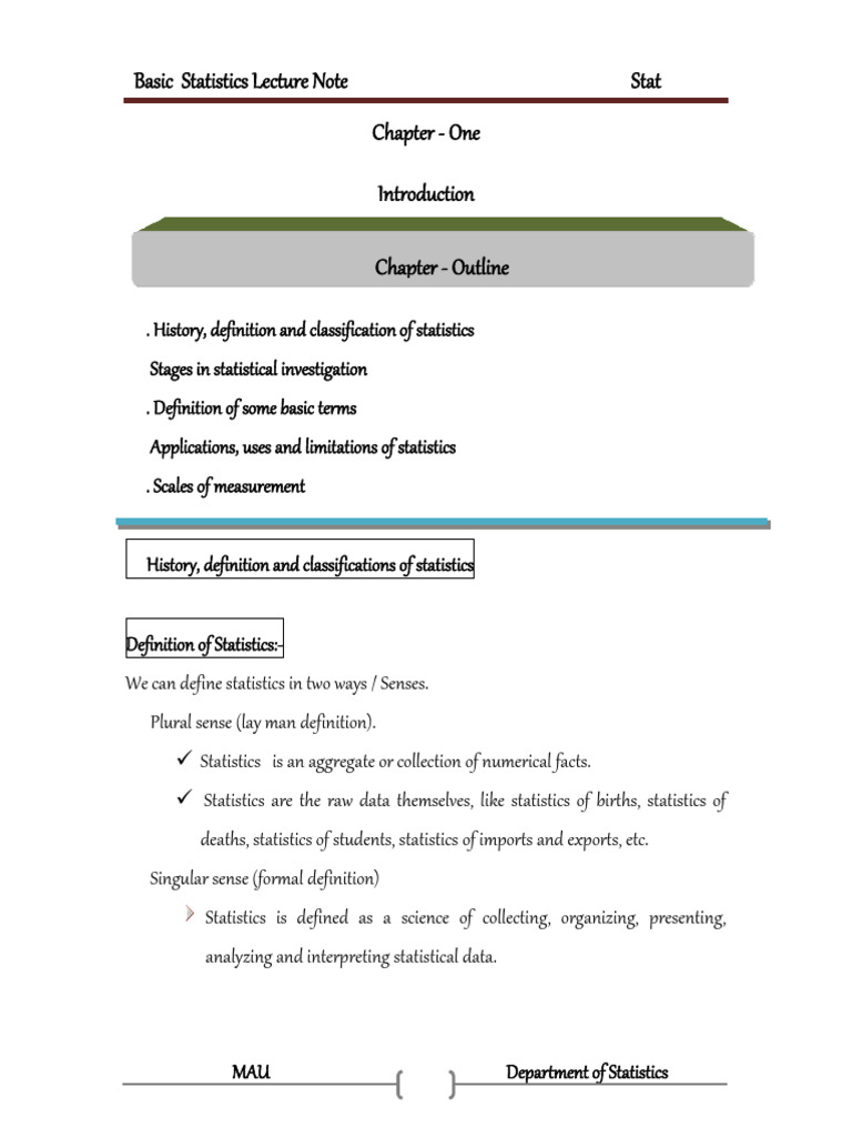 Basic Statistics Lecture Note PDF | PDF | Statistics | Level Of Measurement