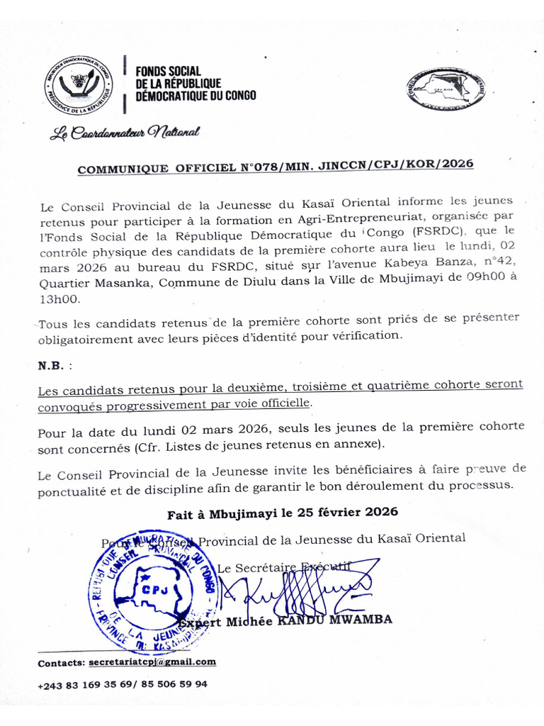 Jeunes Retenus Pour La Formation Avec Le FSRDC - CPJ-KOR | PDF