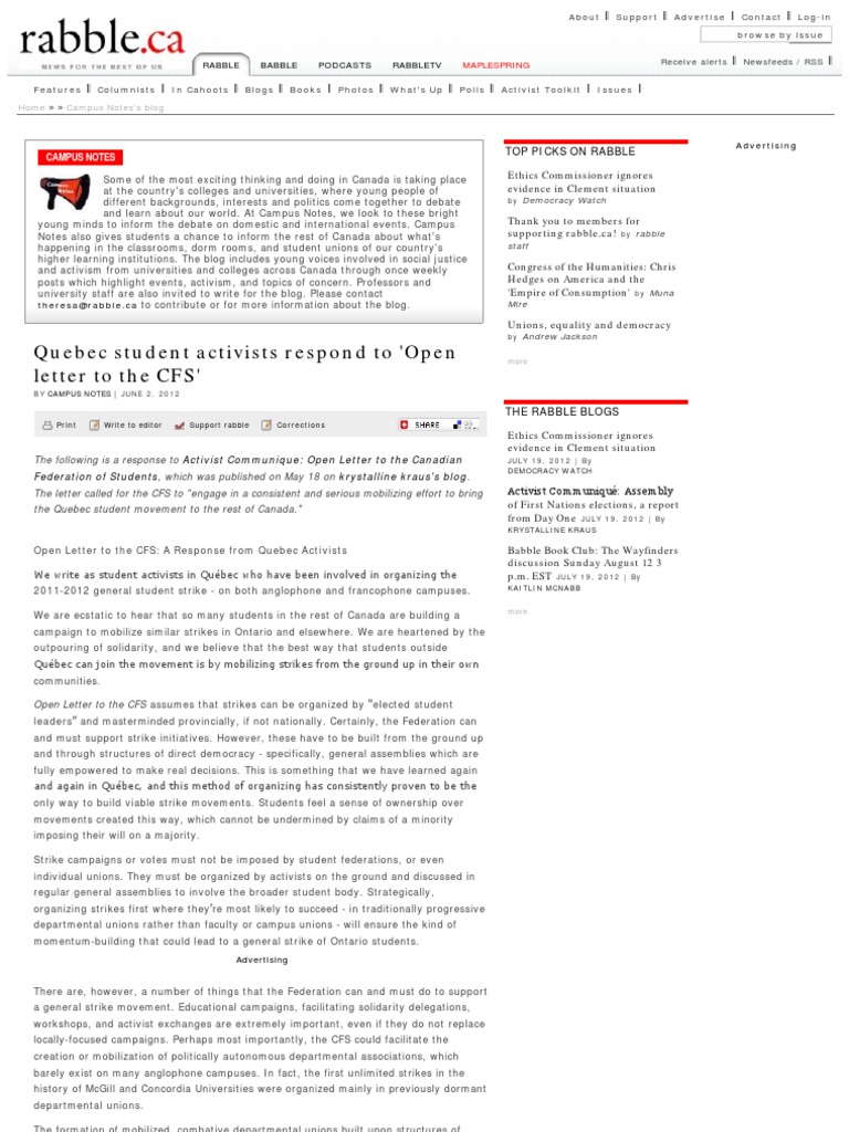 Quebec Student Activists Respond To 'Open Letter To The Canadian ...