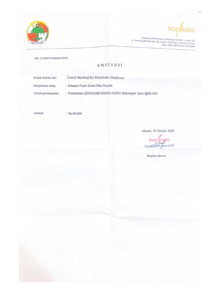 Kwitansi Seragam Adira Irianti N M | PDF