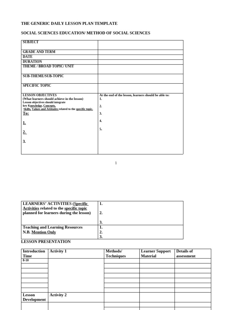 The Generic Daily Lesson Plan Template | PDF