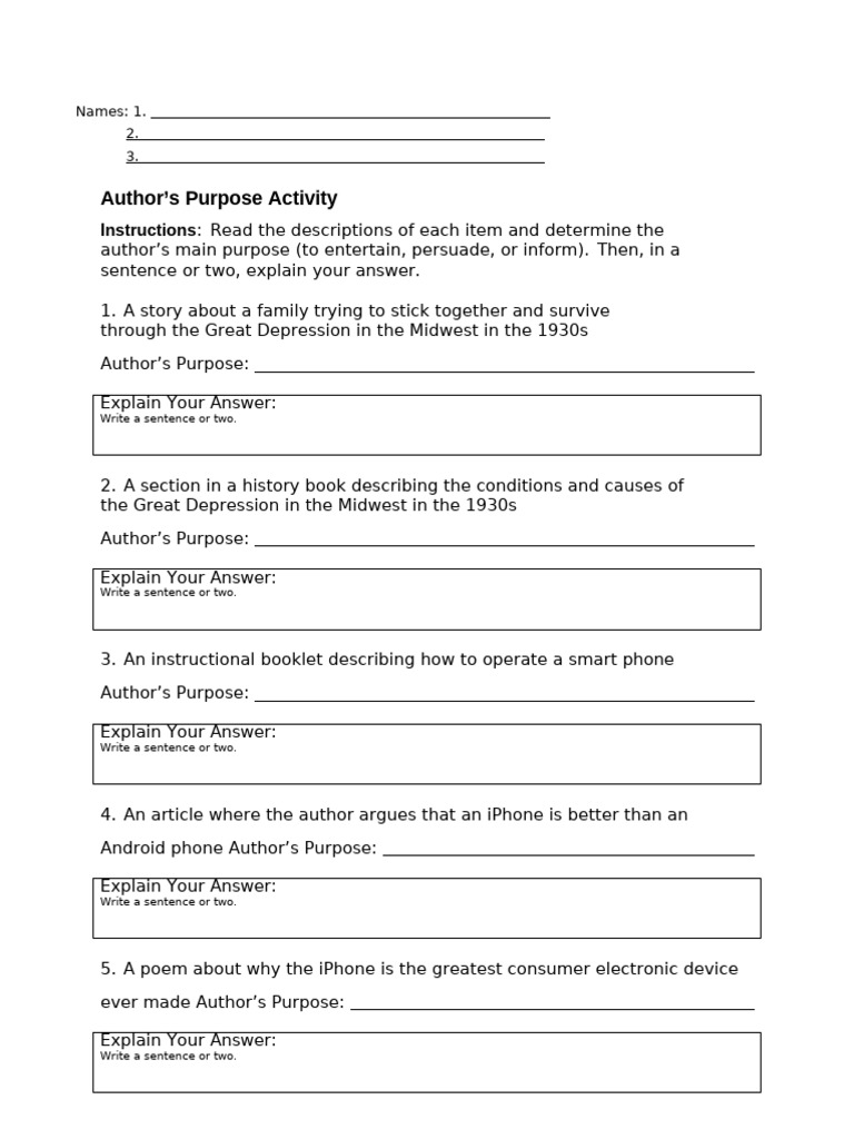 Authors Purpose Worksheet | PDF