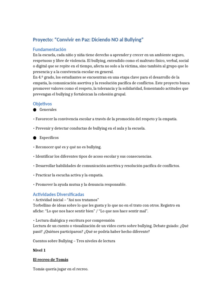 Proyecto No Al Bullying 4togrado | PDF