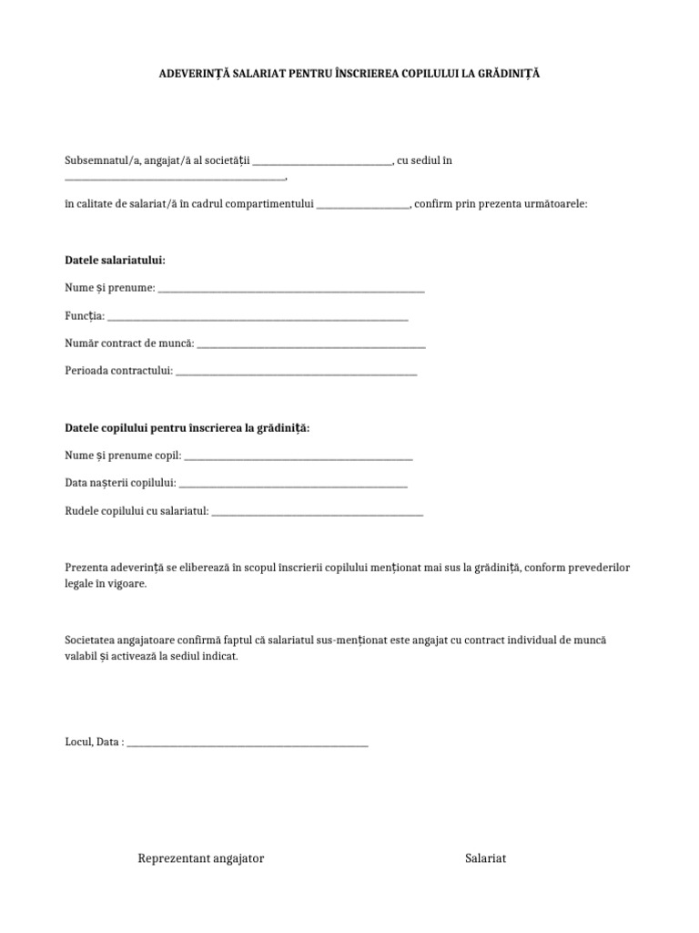 Model Adeverinta Salariat Inscriere Copil Gradinita | PDF