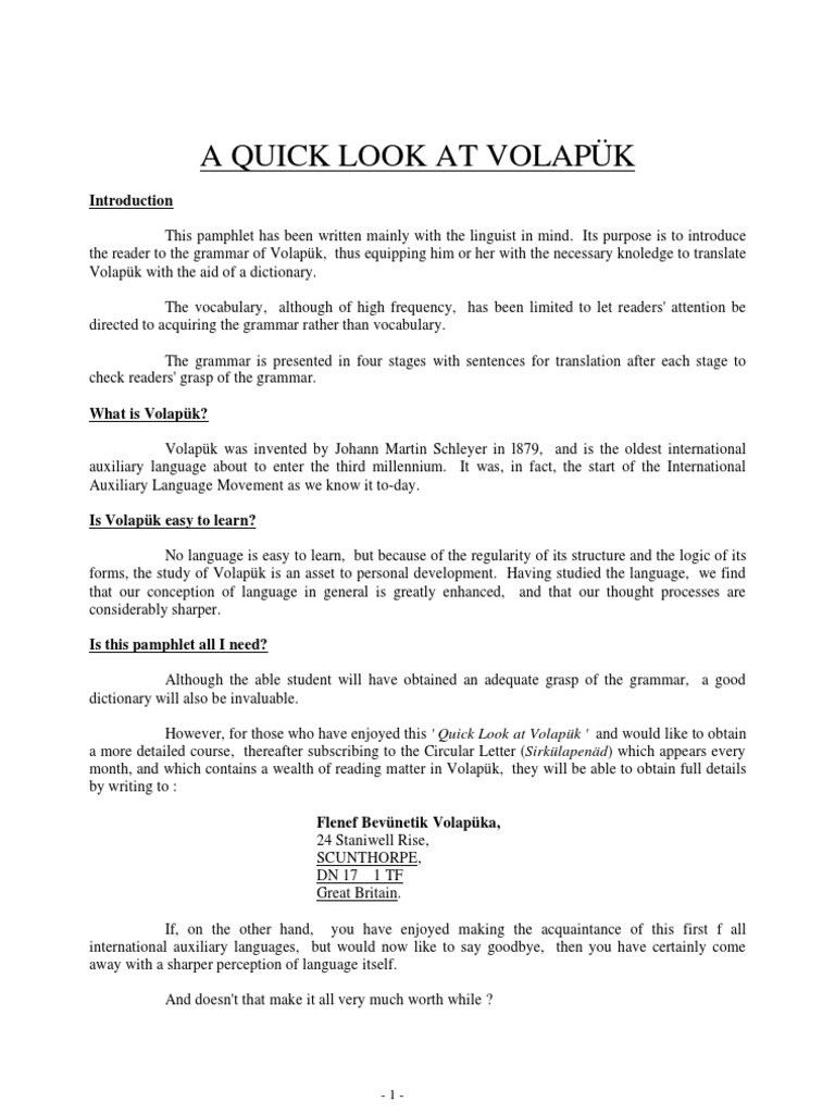 A Quick Look at Volapük | PDF | Adjective | Grammatical Gender